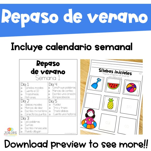 Repaso de kinder verano Kinder Summer Review in Spanish - Jorja's Dual ...