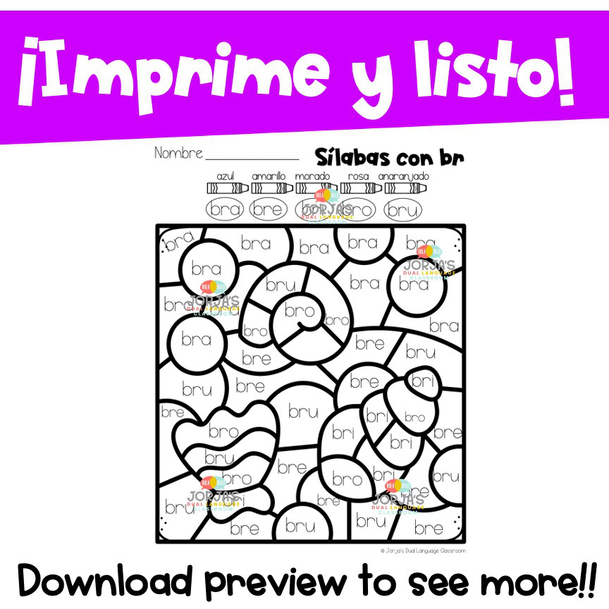 Sílabas trabadas BR Colorea por sílaba bra bre bri bro bru Hojas de ...