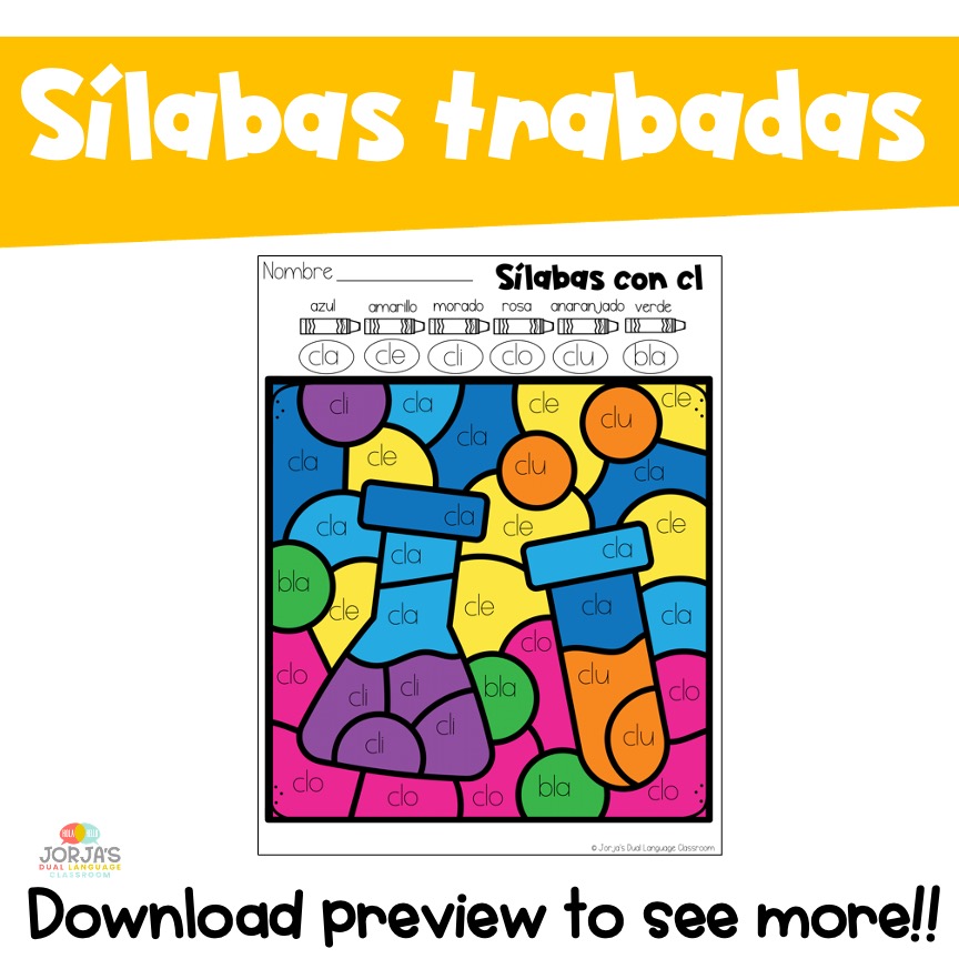 Sílabas trabadas CL Colorea por sílaba en español Color by syllable in ...