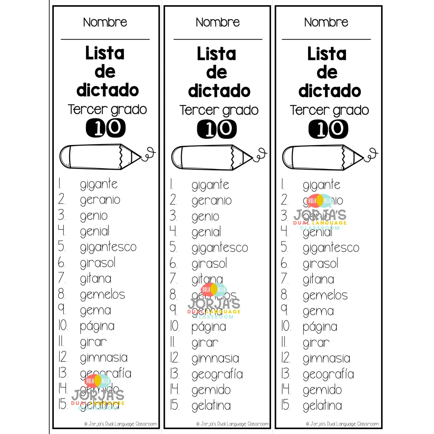 Ortografía Dictado Tercer Grado Spelling List in Spanish - Jorja's Dual ...