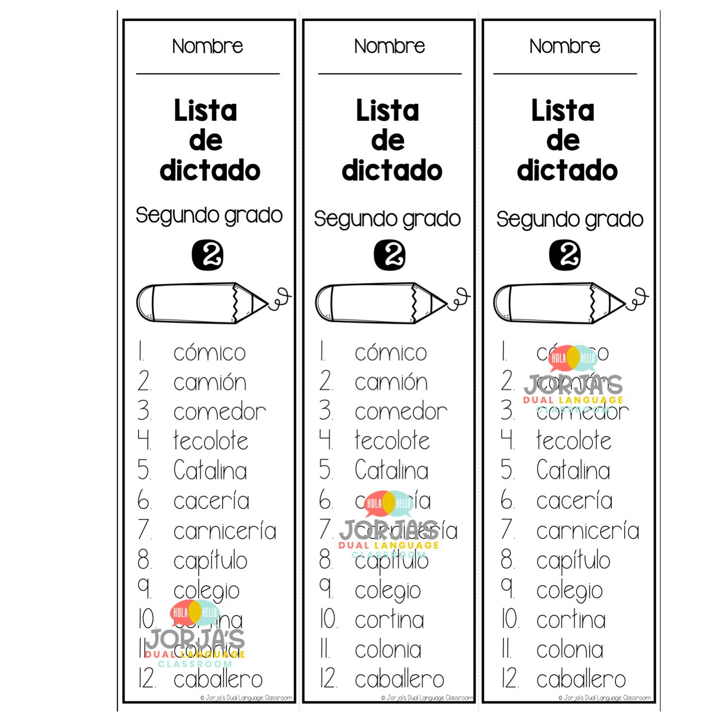 Ortografía Dictado Segundo Grado en español Spelling List Spanish ...